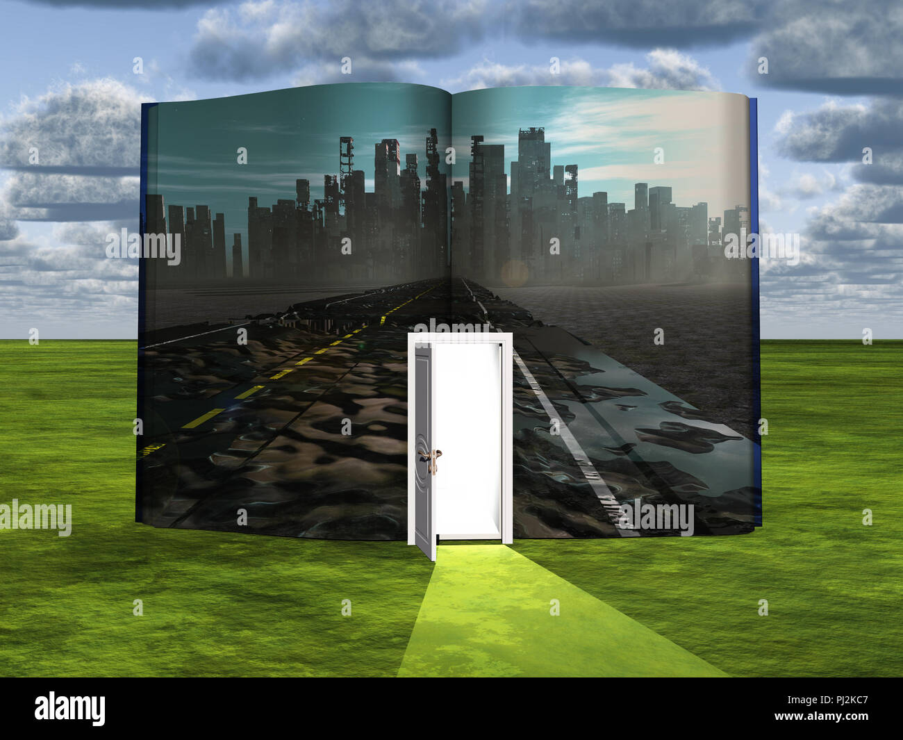 Book with science fiction scene and open doorway of light Stock Photo ...