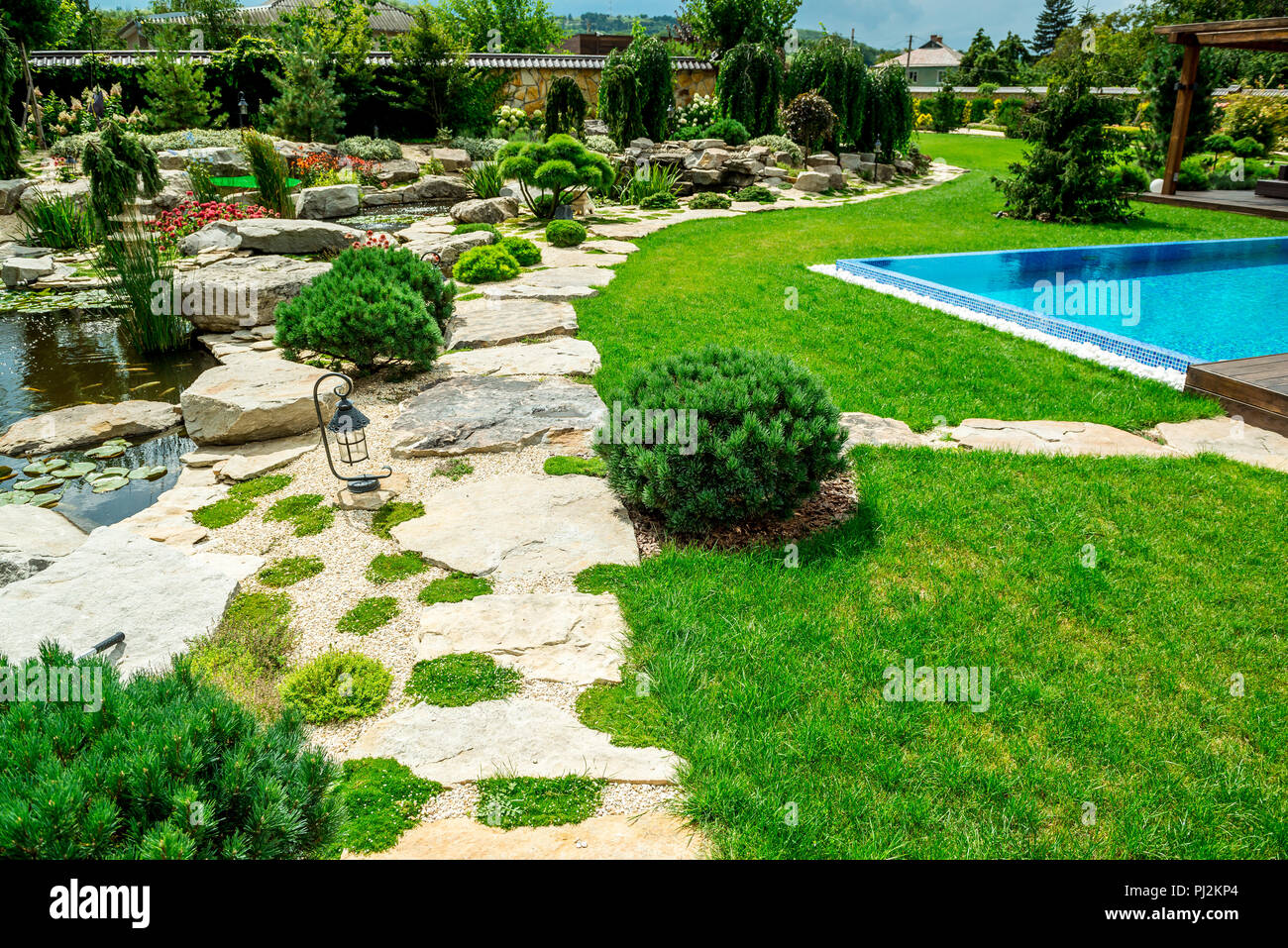 A country house with a beautiful backyard behind the house, landscape ...