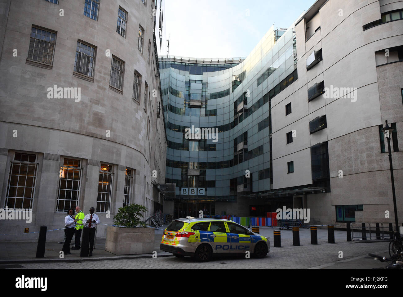 A police car outside of BBC Broadcasting House, on Portland Place ...