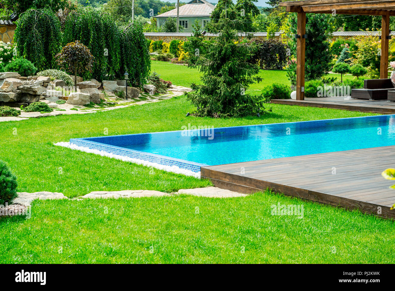A country house with a beautiful backyard behind the house, landscape ...