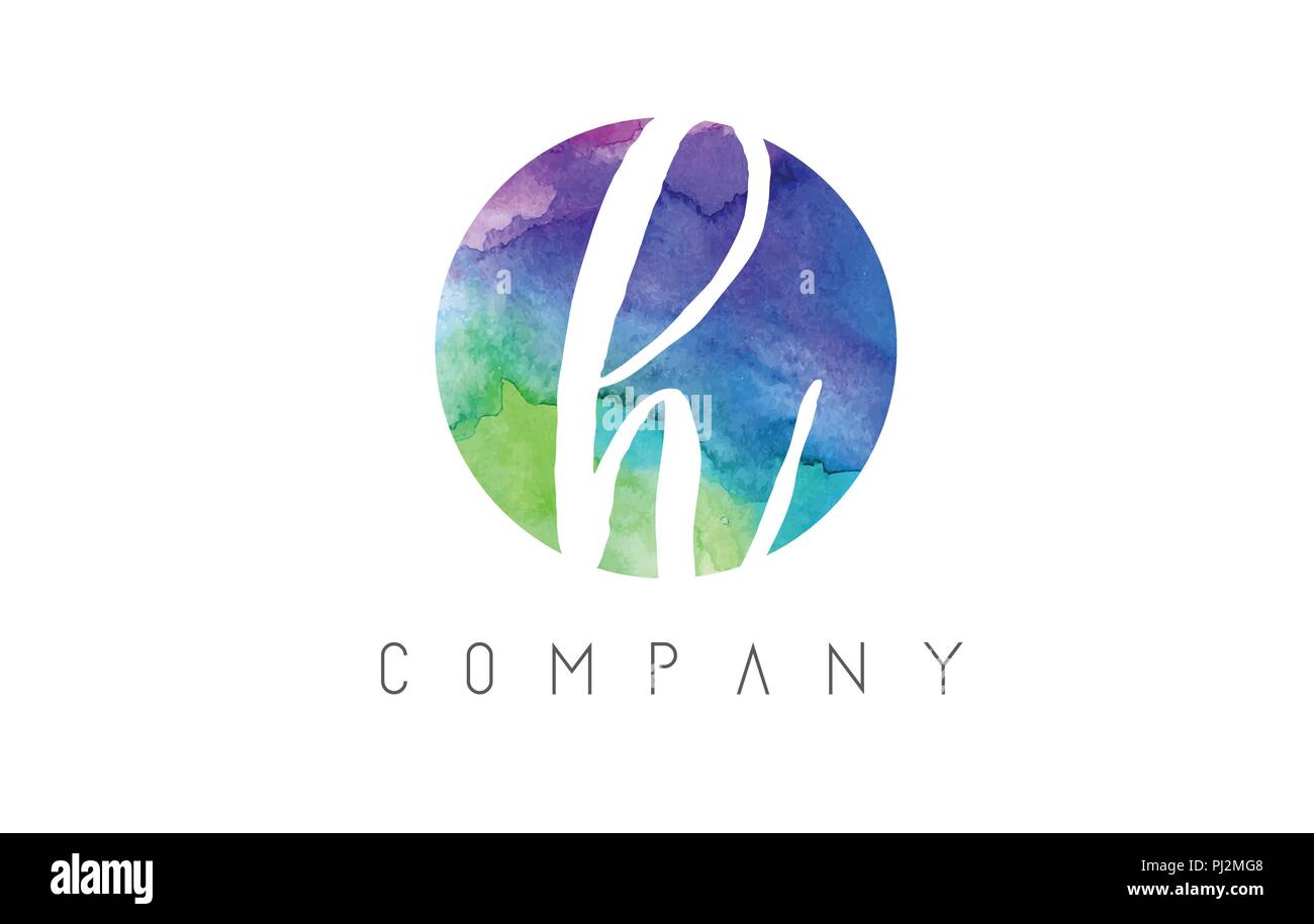 H Watercolor Letter Logo Design With Circular Brush Pattern And Blue Green Purple Colors Stock
