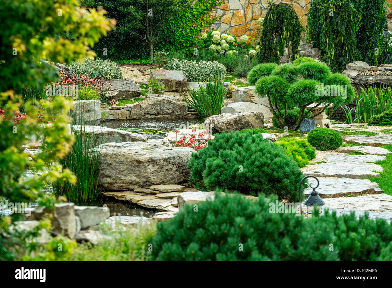 A country house with a beautiful backyard behind the house, landscape ...