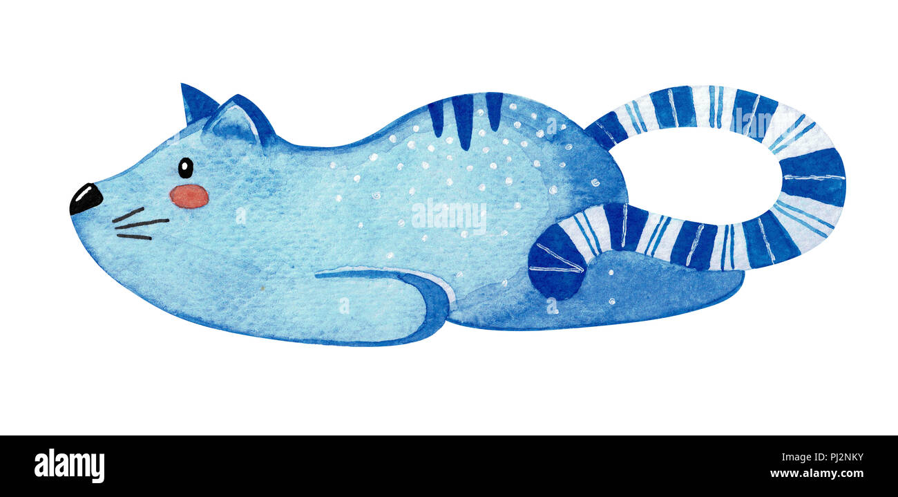 Cute lazy cat. Blue cat isolated on white background. Watercolor Stock ...