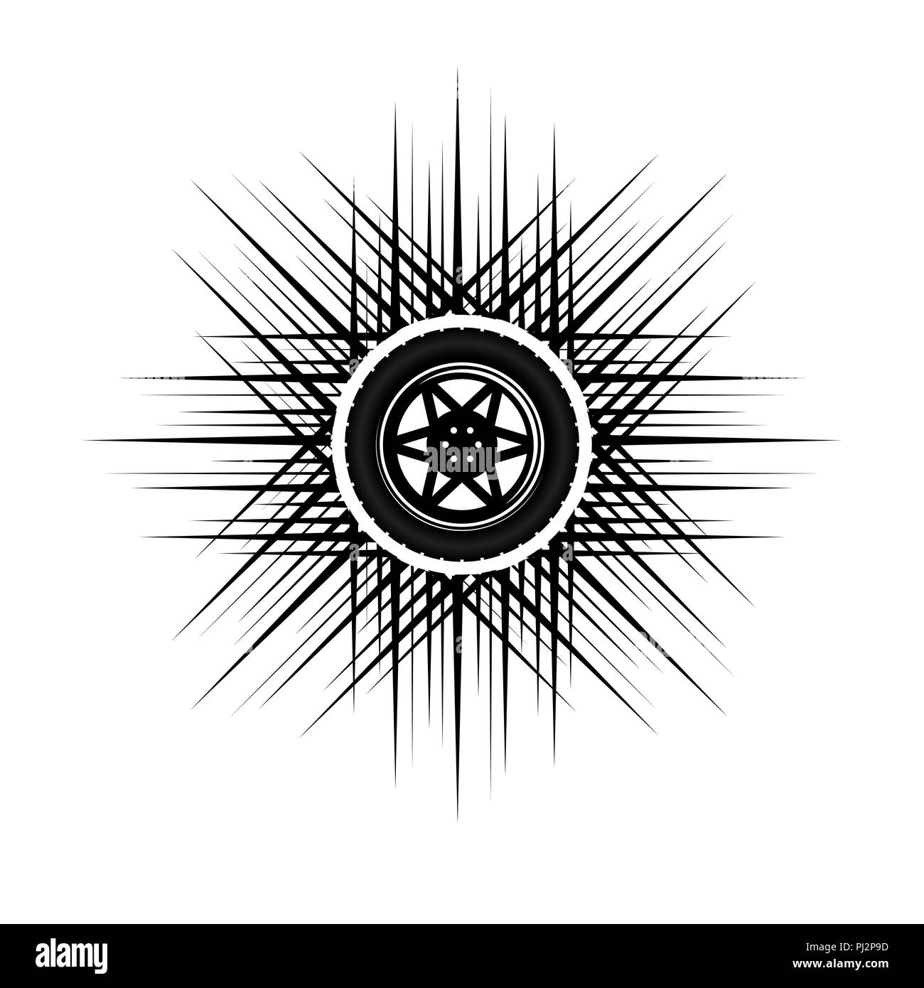 Black car wheel with tire tracks silhouette and speed lines Stock ...