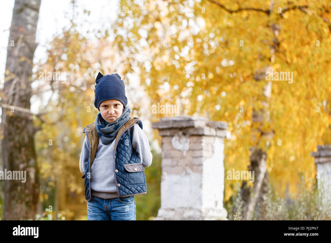 angry and harsh happy child walks in the park. Bright autumn day. Trees ...