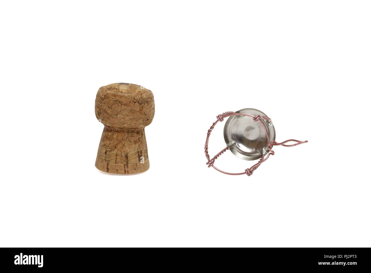 champagne cork and muselet of pink wire, isolated on white with ...