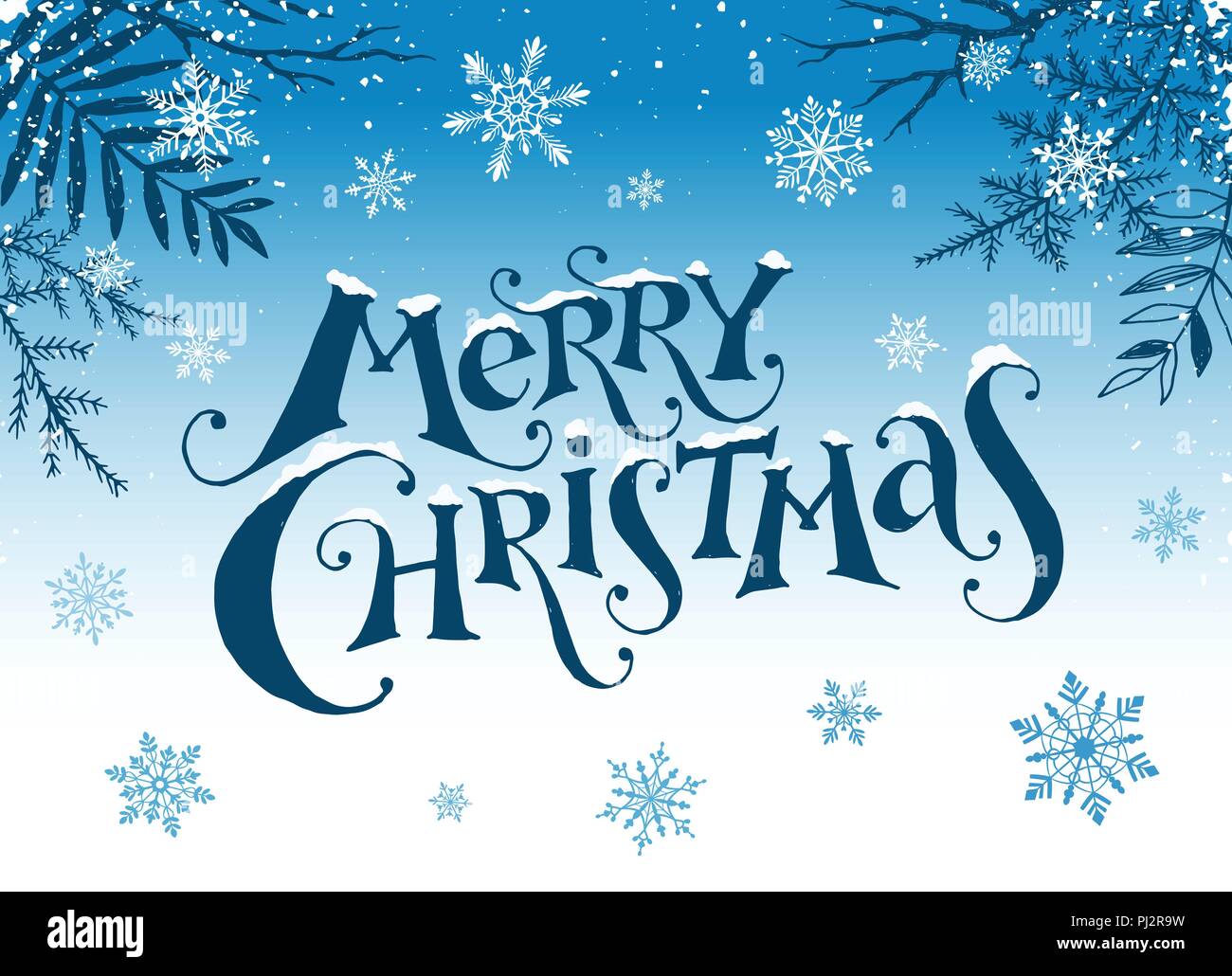 Three funny snowmen in hats, scarfs and mittens on snowy background ...