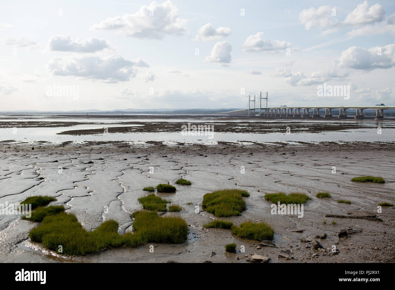 The River Severn at low tide showing the muddy shore of the estuary, a ...