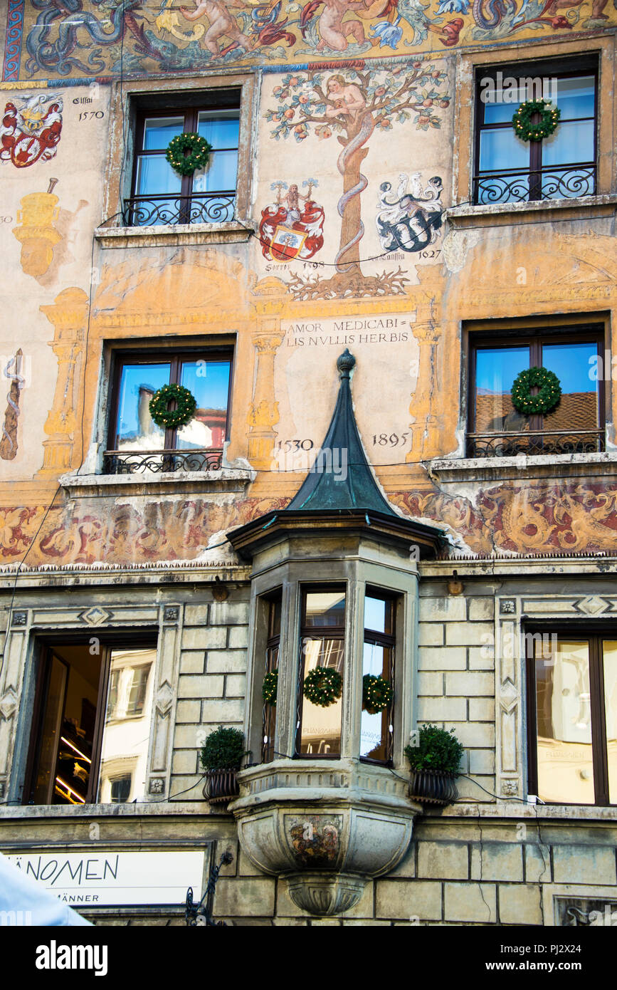 Lucerne, Switzerland fresco painted building and pepper-pot turret ...