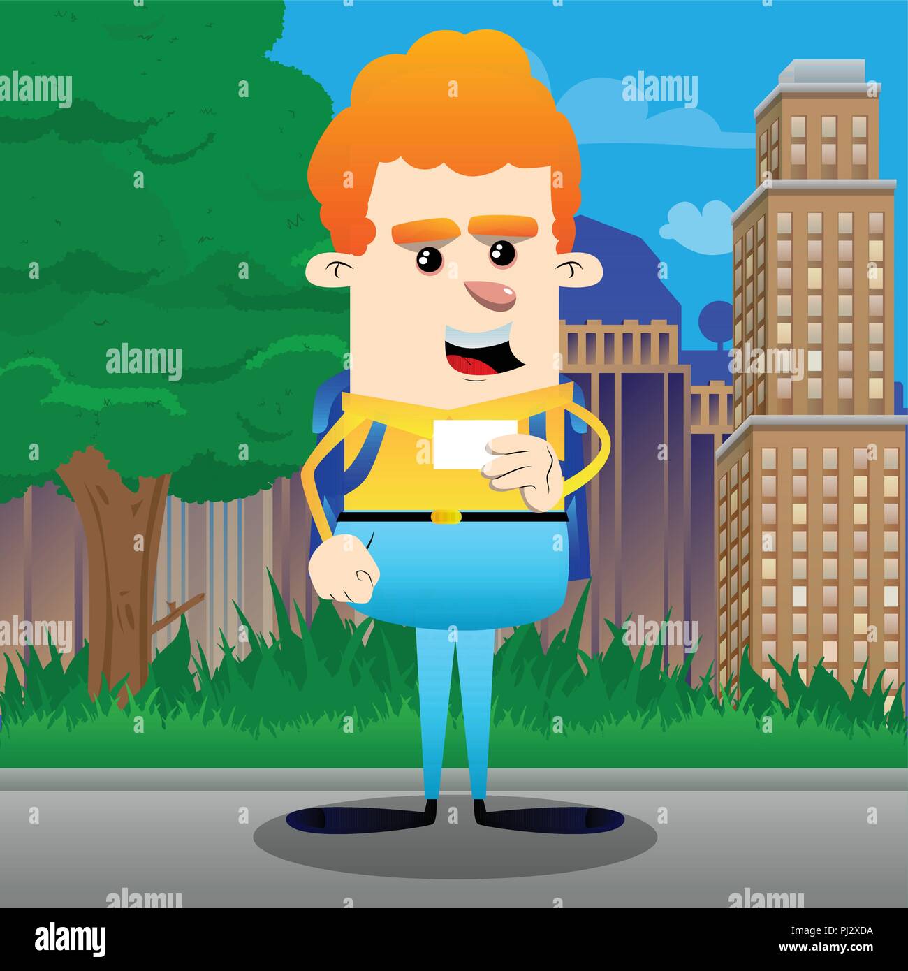 Schoolboy holding blank white card mockup. Vector cartoon character ...