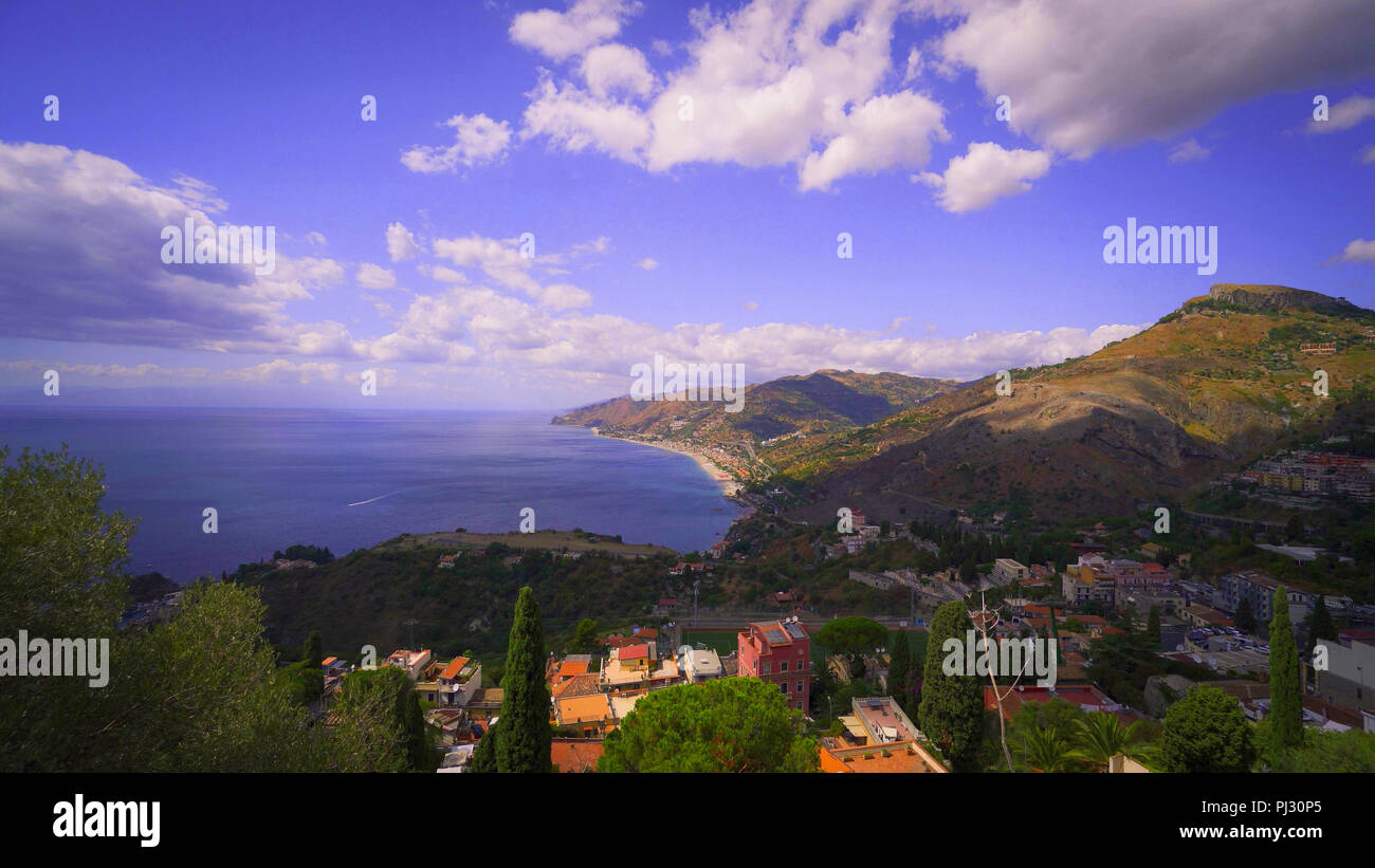 Taormina Ancient Greek Theater Buildings - Italian Town Landscape ...