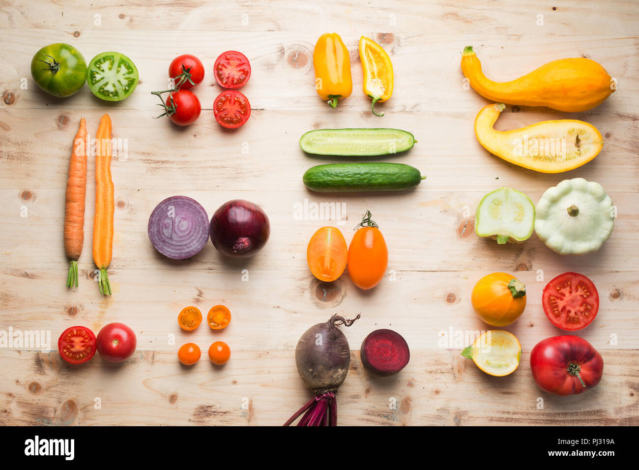 Creative food background in a grid, assortment of fresh colorful ...