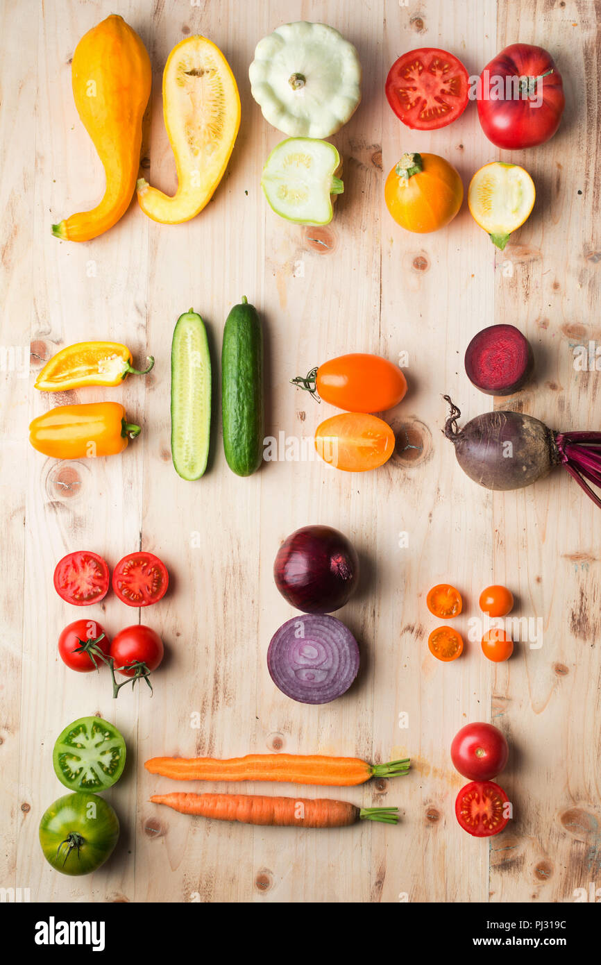 Creative food background in a grid, assortment of fresh colorful ...