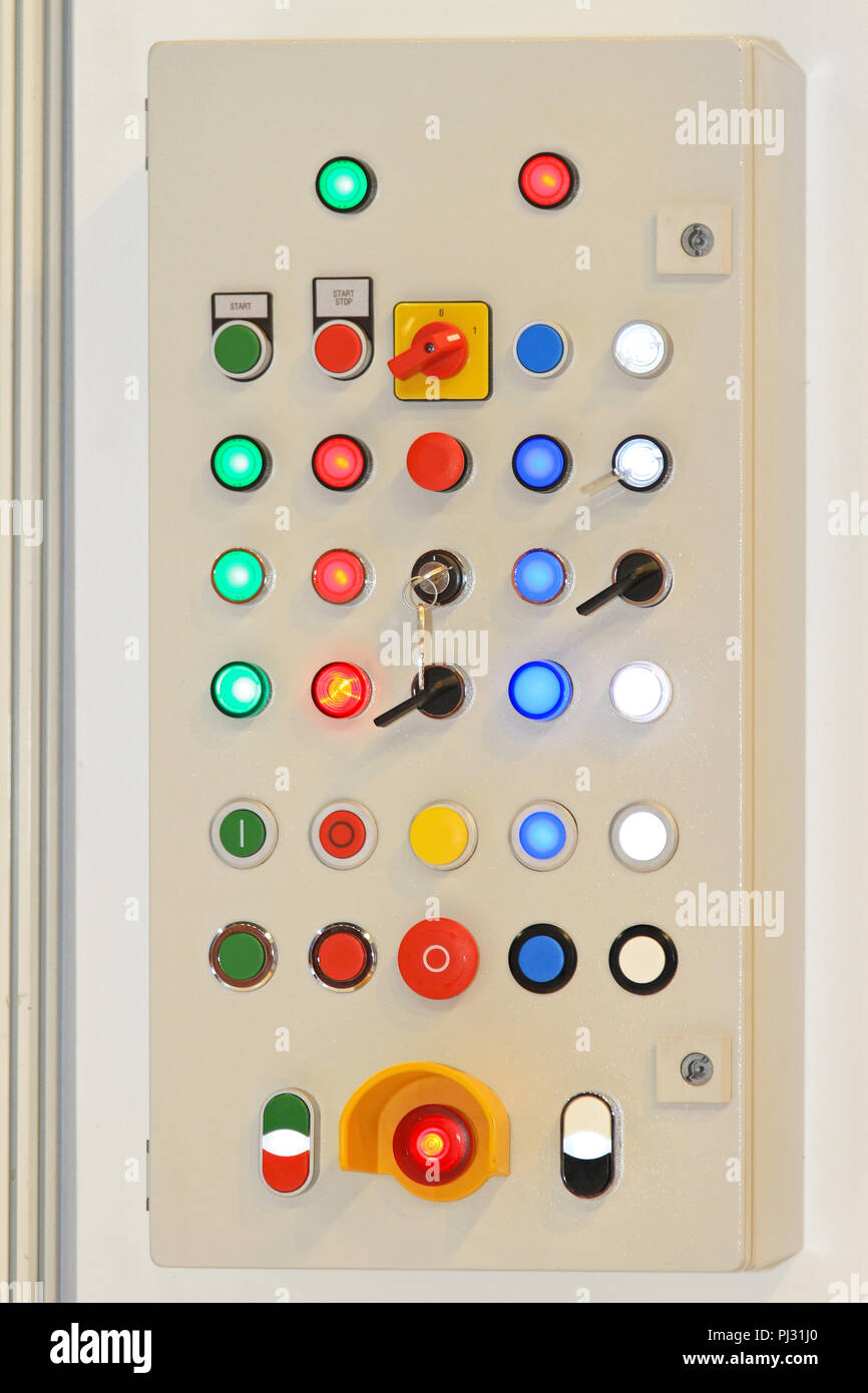 Electric control panel with push buttons and lights Stock Photo - Alamy