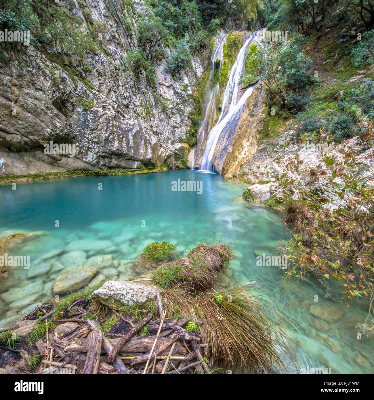Kalamaris waterfall in river with turquoise water wide angel view, in ...