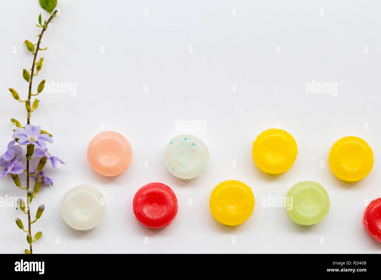 cough sore throat pastille pills from herbal arrangement on background ...