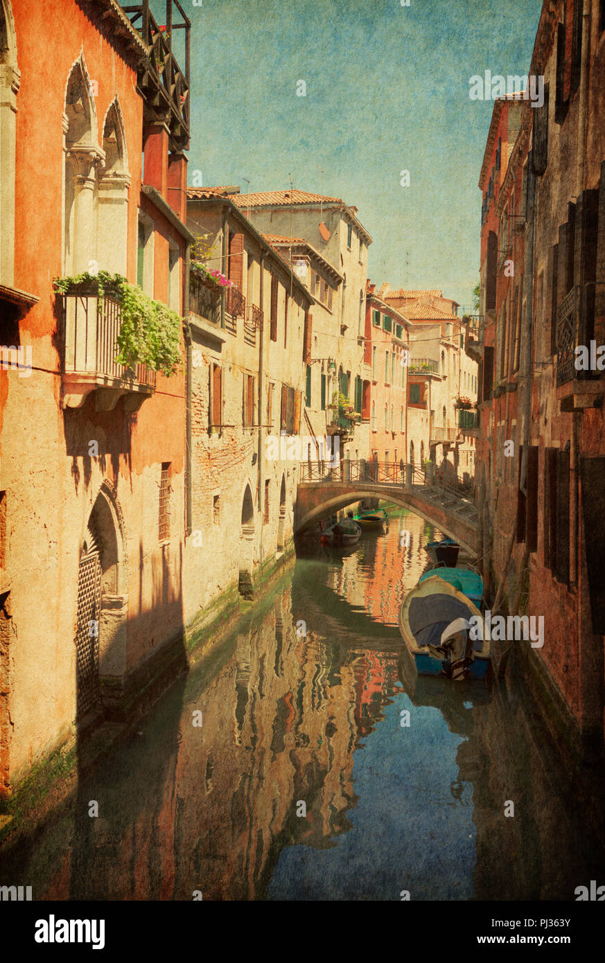 Colorful Chanel In Venice, Italy. Added paper texture Stock Photo - Alamy