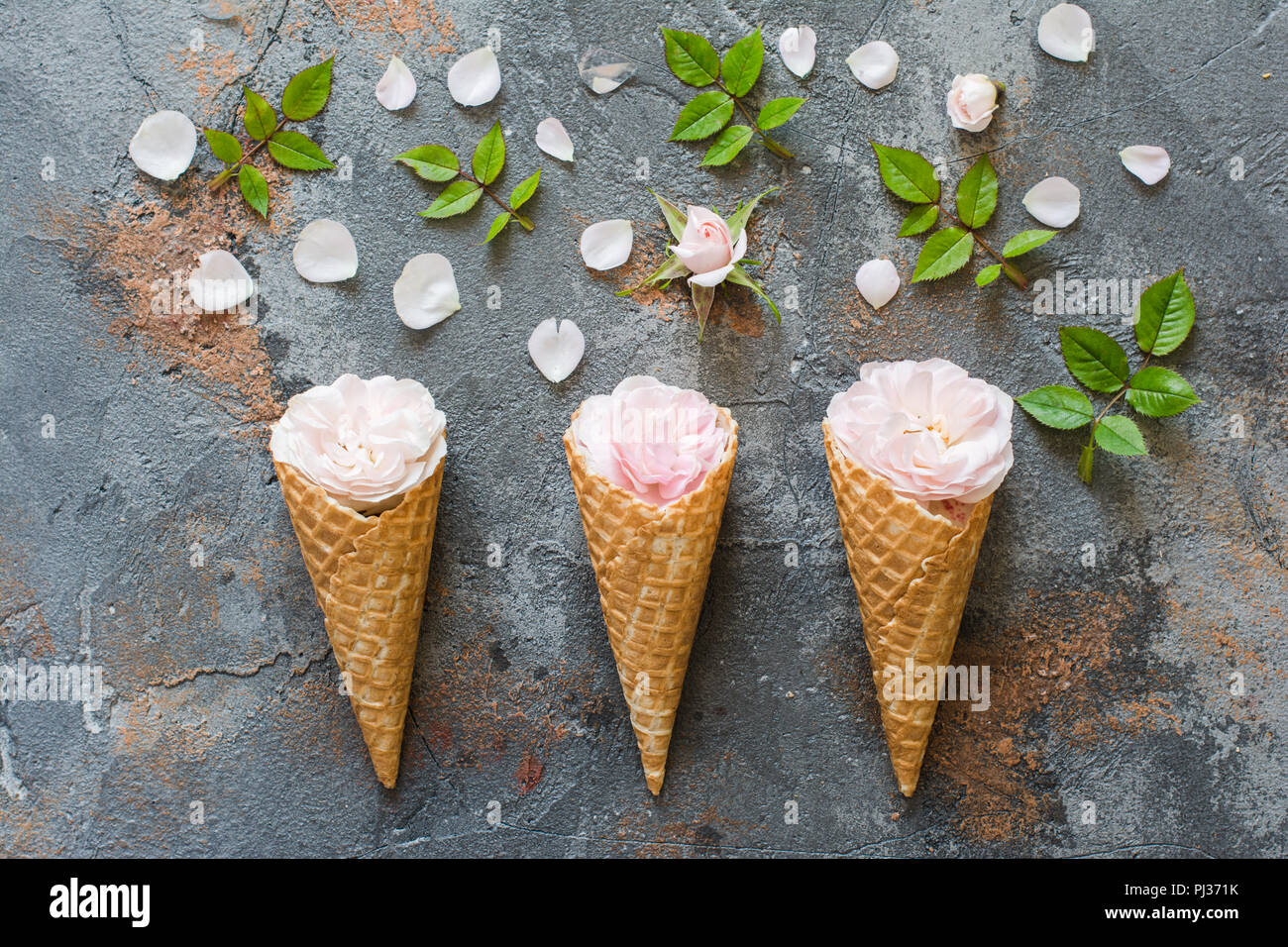 Three ice cream cones filled with roses, overhead composition with ...