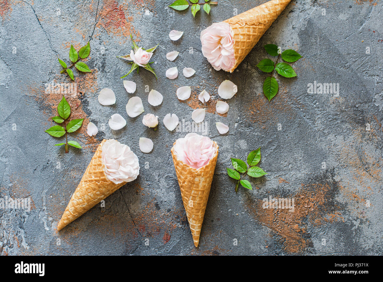 Top view of ice cream cones with roses, overhead composition with ...
