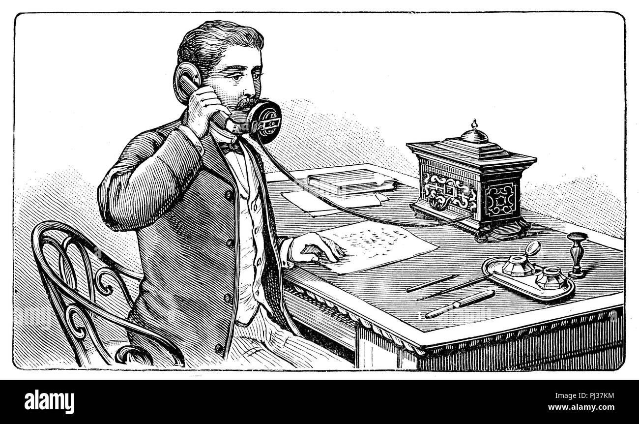 Invention of the telephone, historical telephone on the desk, digital ...