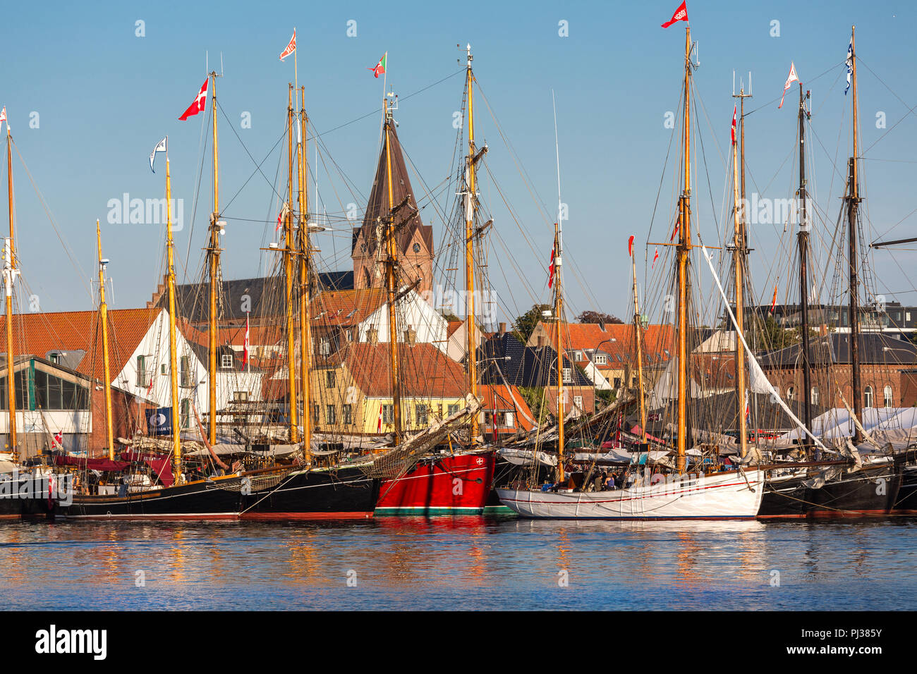 sailing ships moored in harbor of Assens, Region Syddanmark, denmark ...