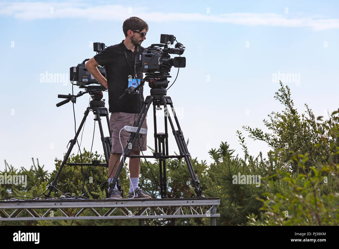 TV camera man with cameras at Bournemouth Air Festival, Bournemouth ...