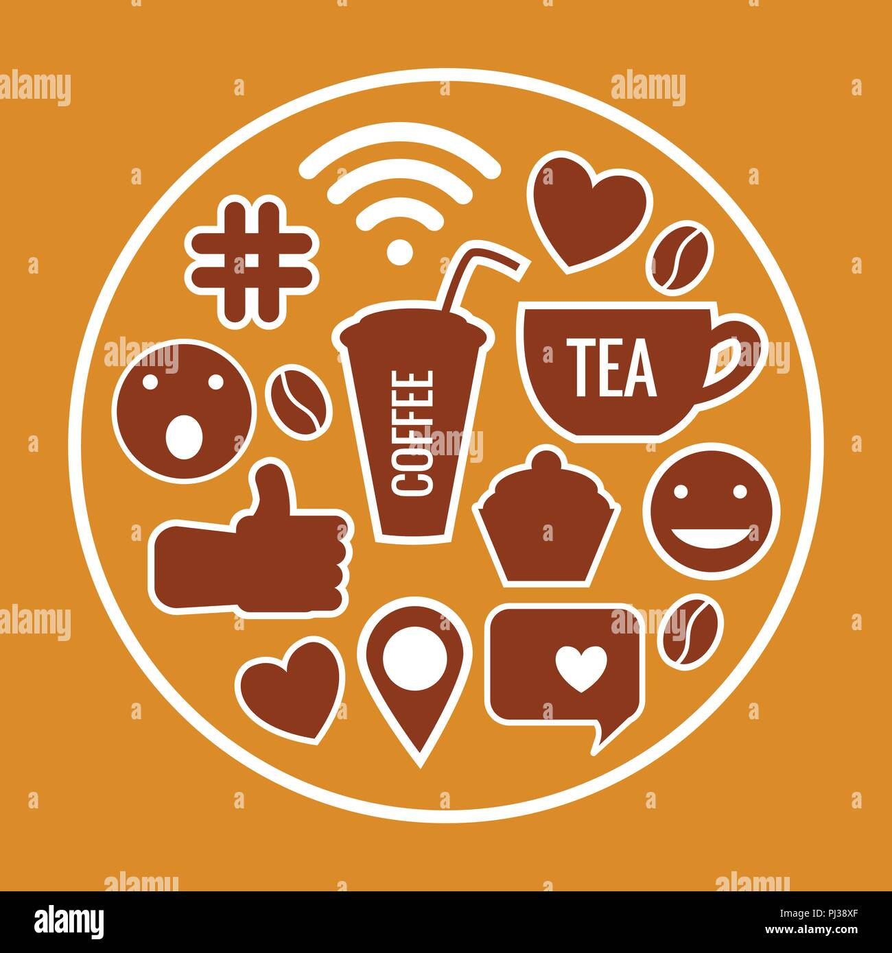 Set sign of cafe. Vector illustration of stickers isolated on a brown ...