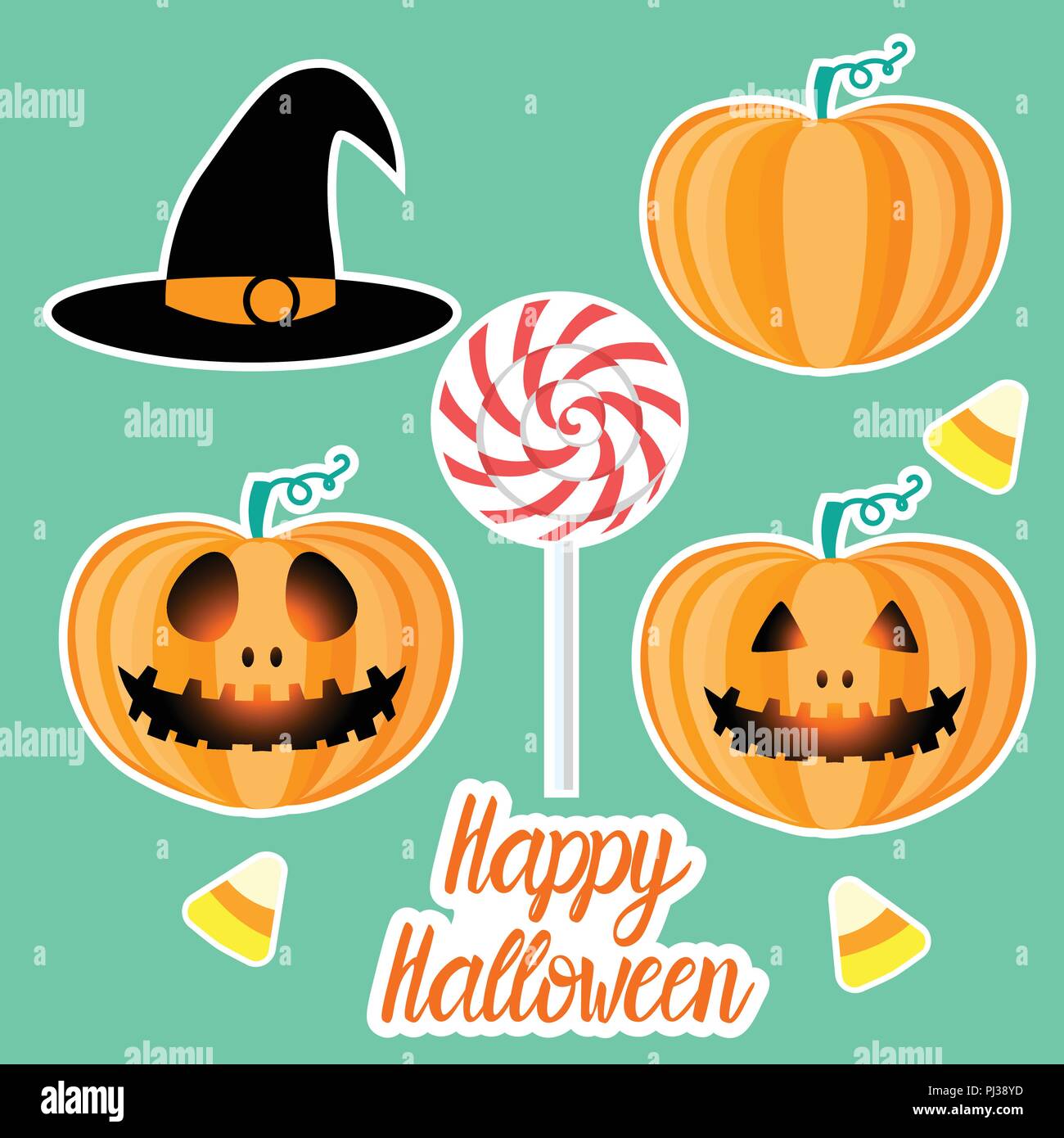Set Happy Halloween design. Jack pumpkin lantern and candy lollipop ...
