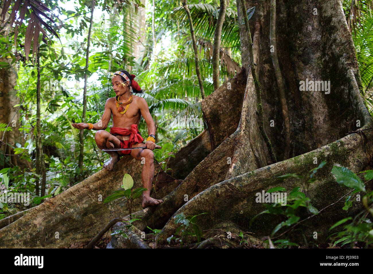 Young shaman decorated with flowers and jewelry sitting by old tall ...