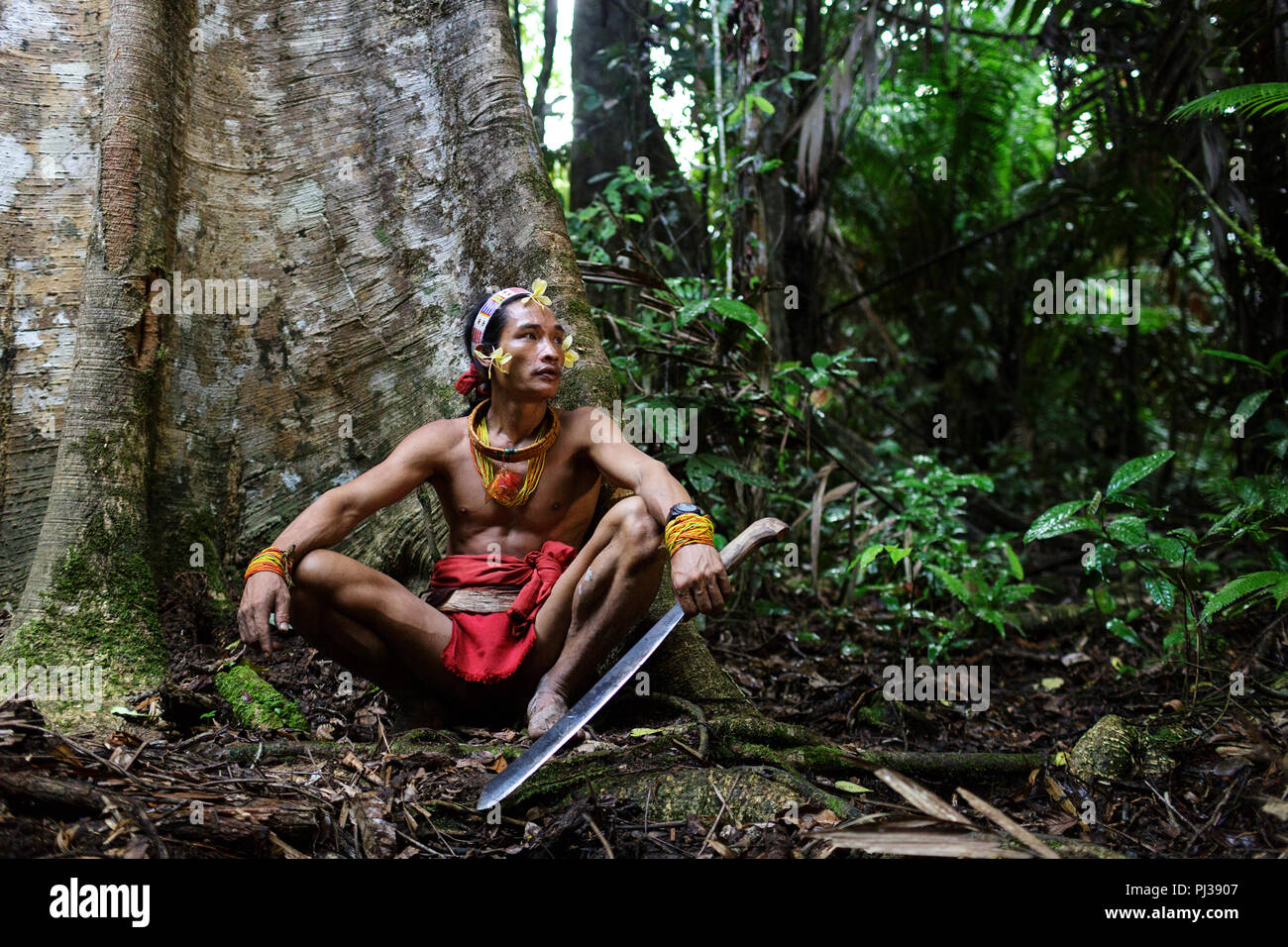 Young shaman decorated with flowers and jewelry sitting by old tall ...