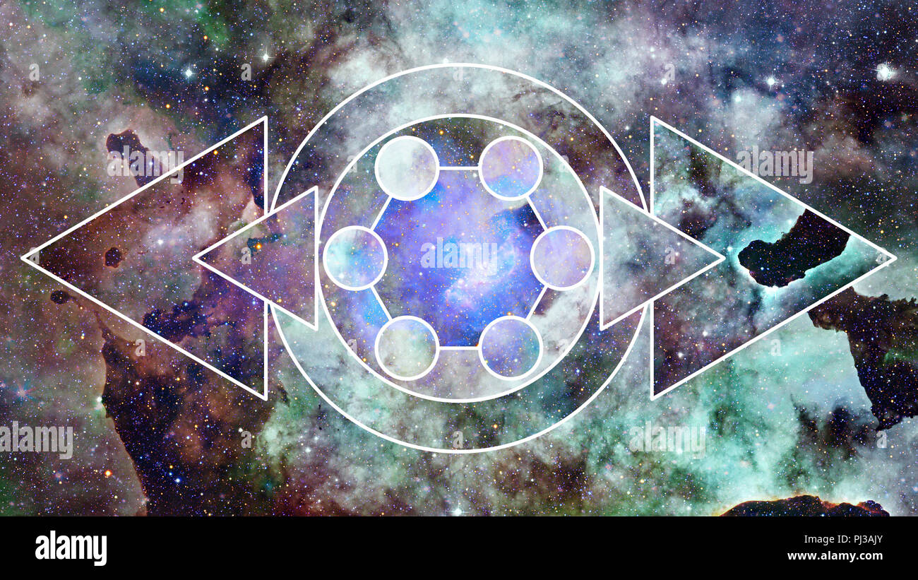 Universe, nebula, galaxy and the sacred geometry collage. Abstract ...