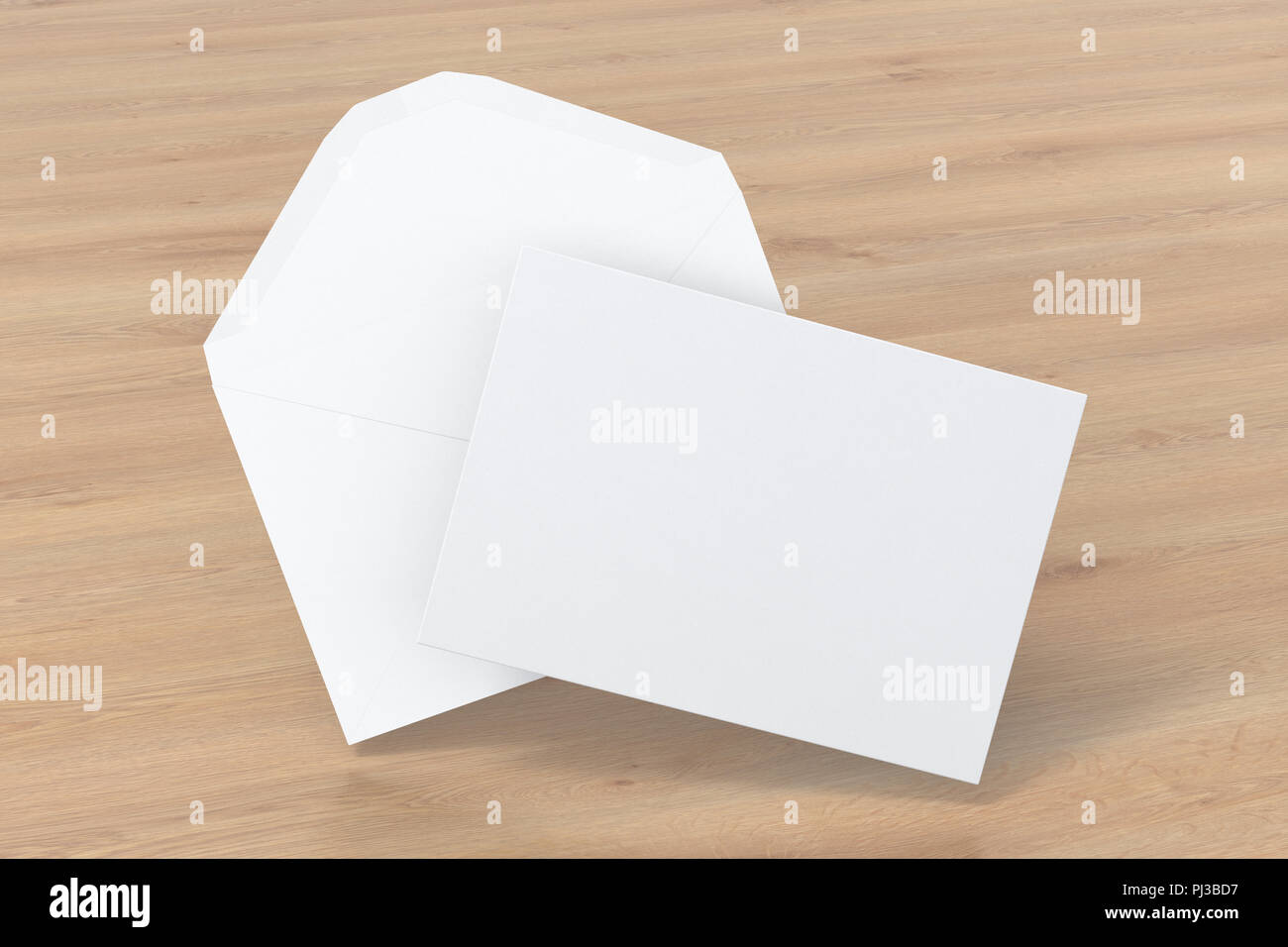 White blank opnened and closed envelopes fly over wooden background. 3d ...
