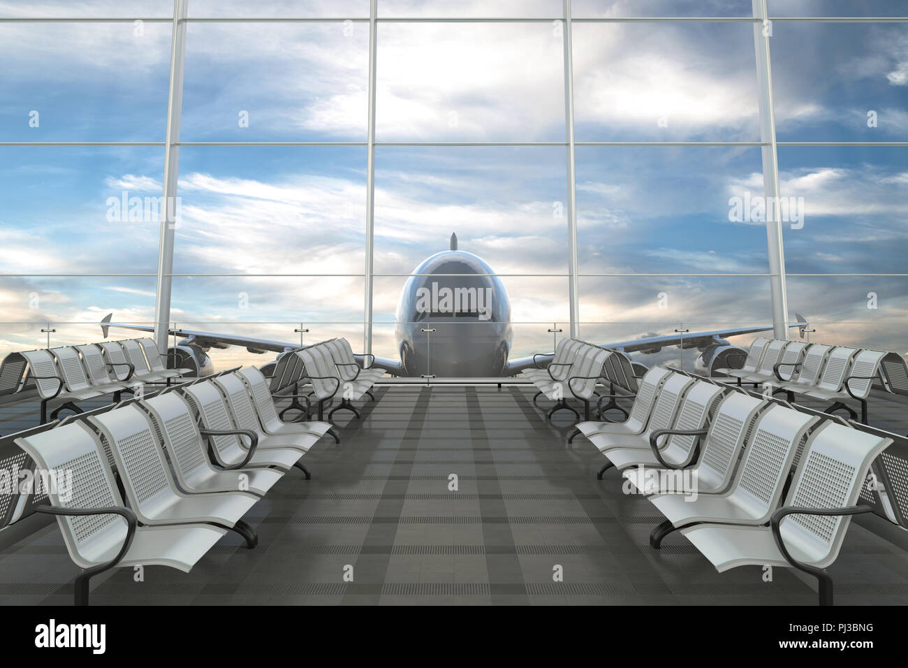 Empty airport departure lounge with airplane on background. 3d ...