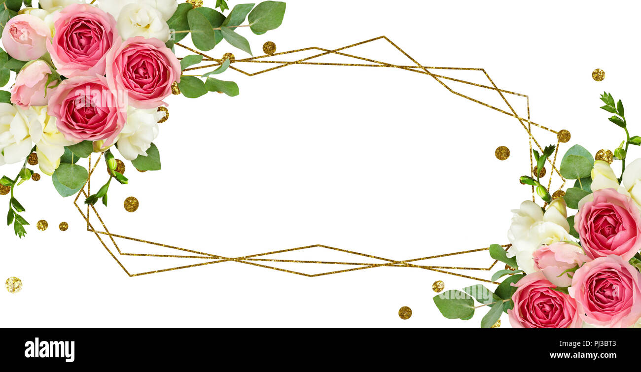 Eucalyptus leaves, freesia and pink rose flowers in corner arrangements ...