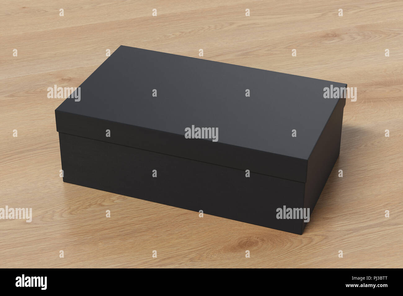 Black shoe box container on wooden background. Packaging mockup. 3d ...
