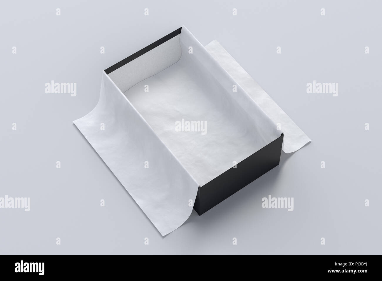 Black opened shoe box container without cover on white background with ...