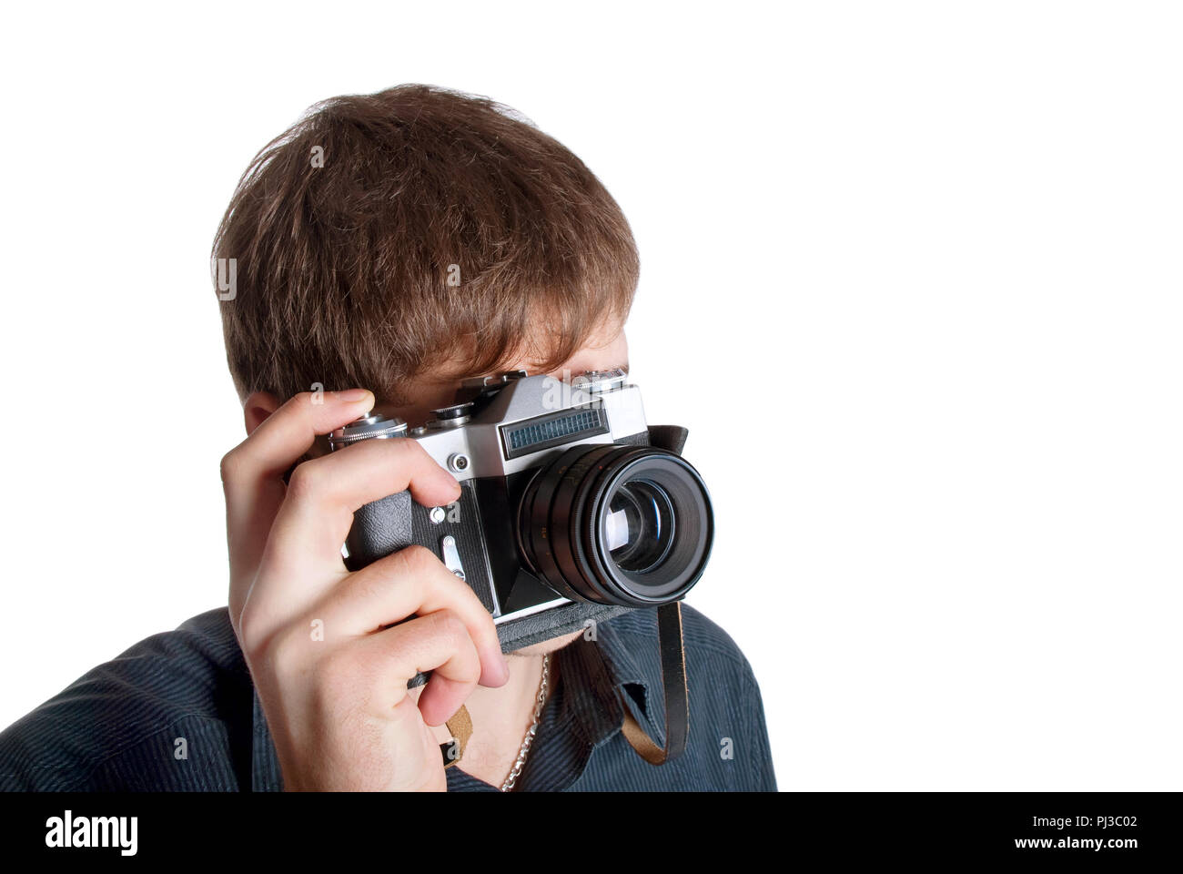 man looking through the camera isolated on white background Stock Photo ...