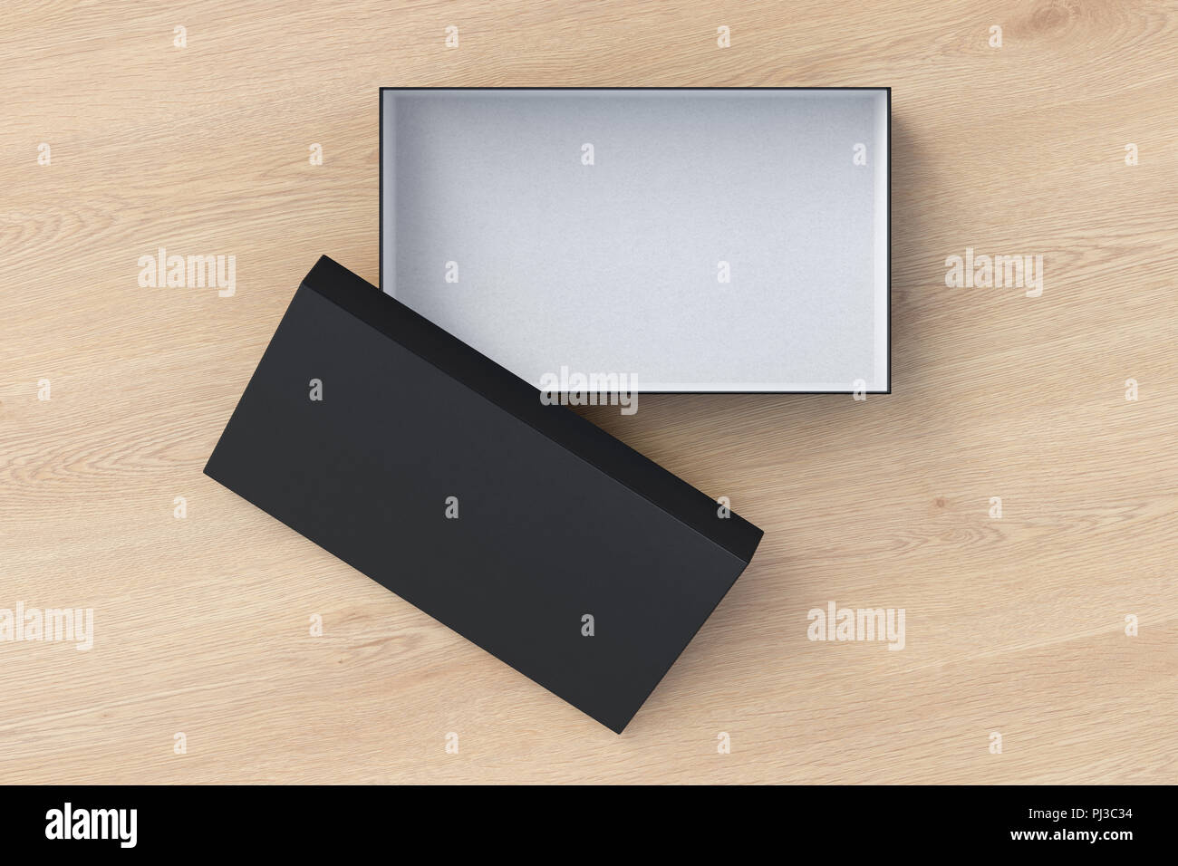 Opened black shoe box container on wooden background. Packaging mockup ...