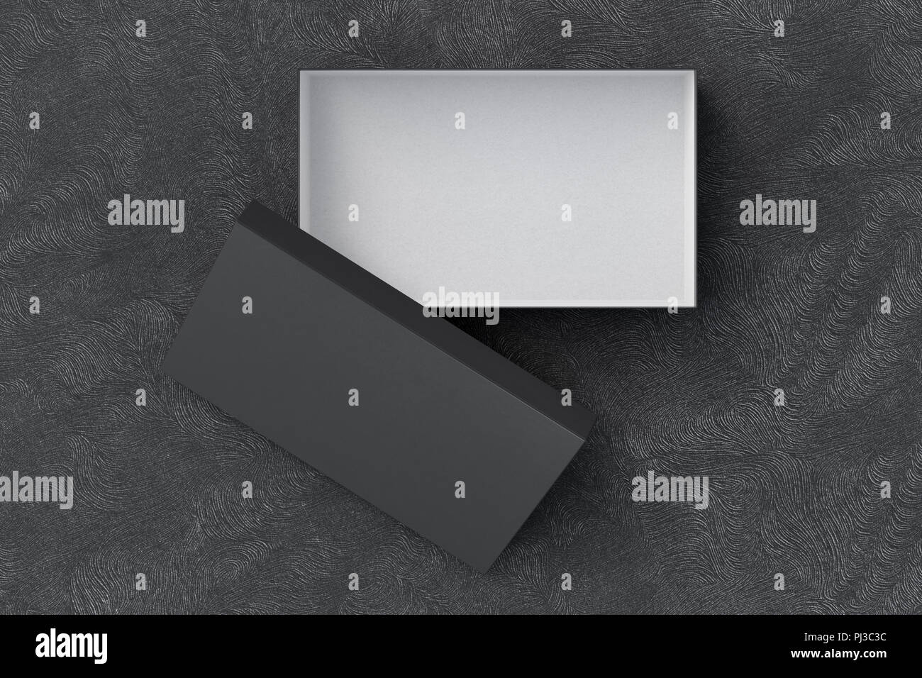Opened black shoe box container on black background. Packaging mockup ...