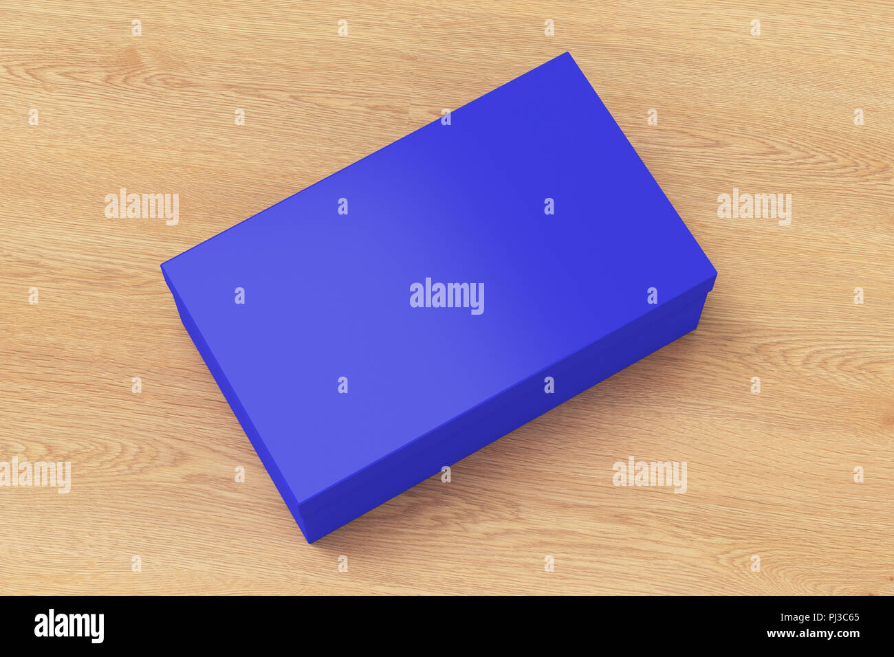 Blue shoe box container on wooden background. Packaging mockup. 3d ...