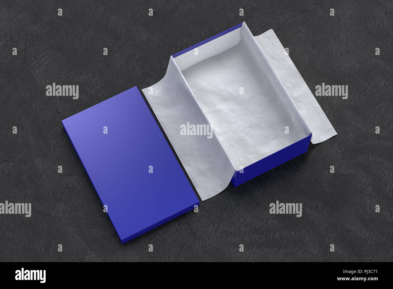 Blue opened shoe box container on black background with wrapping paper ...