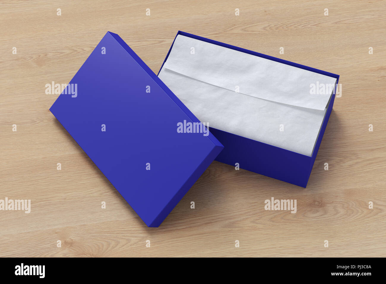 Blue shoe box container on wooden background with wrapping paper ...