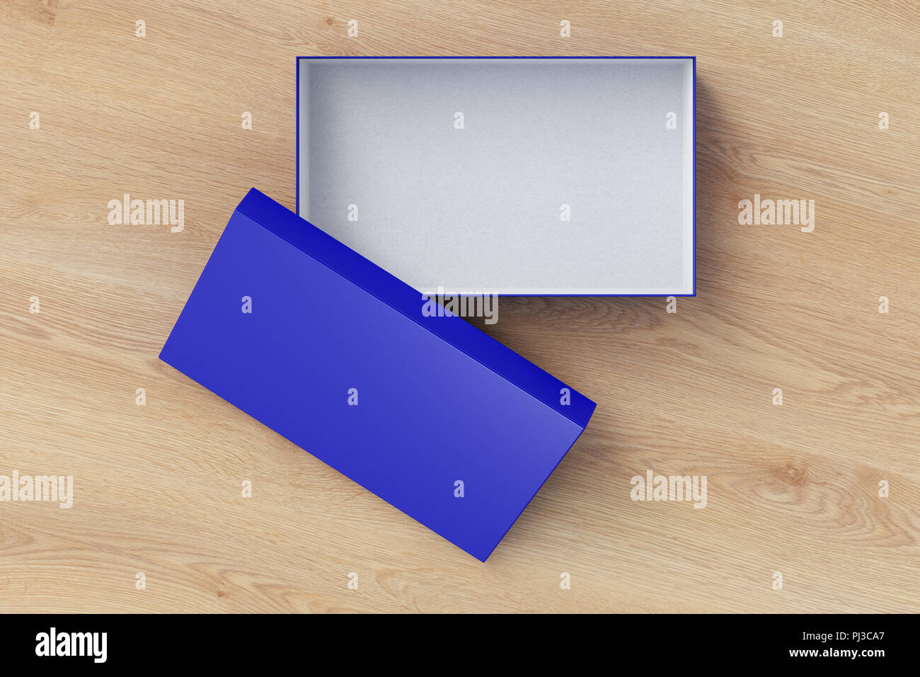 Opened blue shoe box container on wooden background. Packaging mockup ...
