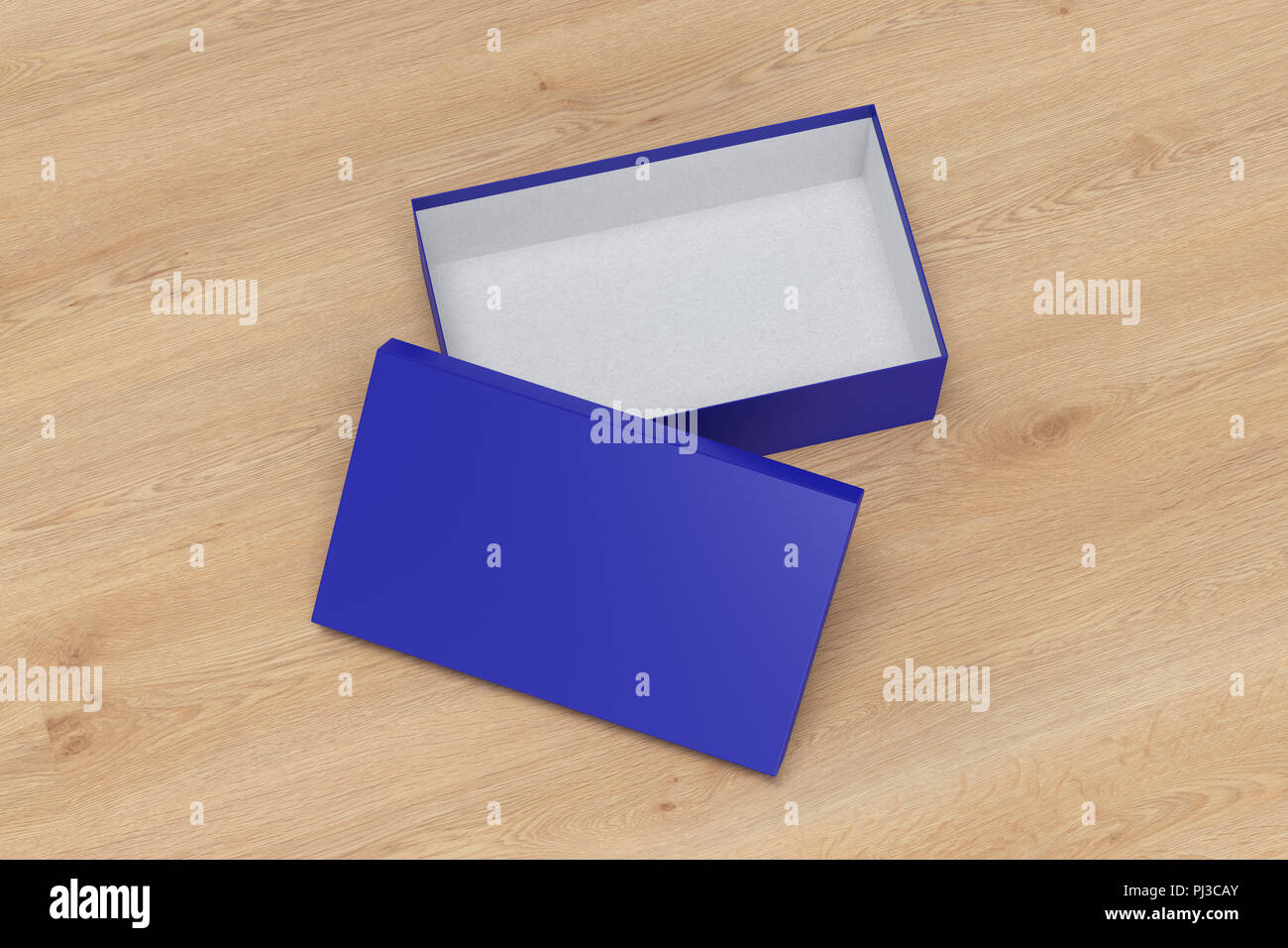 Opened blue shoe box container on wooden background. Packaging mockup ...