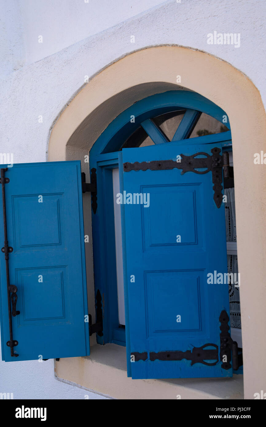 Traditional blue window in Pyrgos Santorini Greece Stock Photo - Alamy