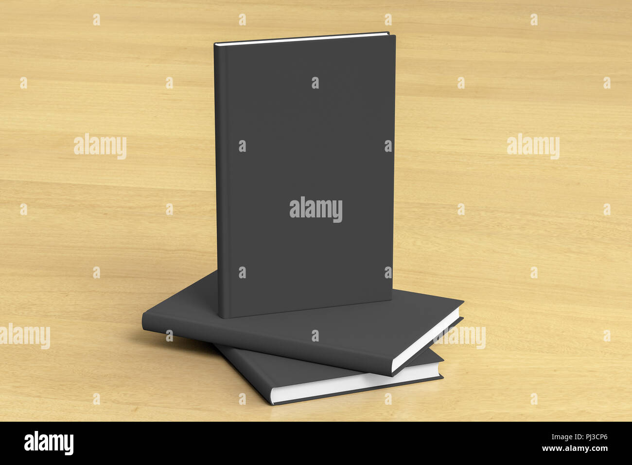 Verical black blank book cover mockup standing on stack of blank books ...