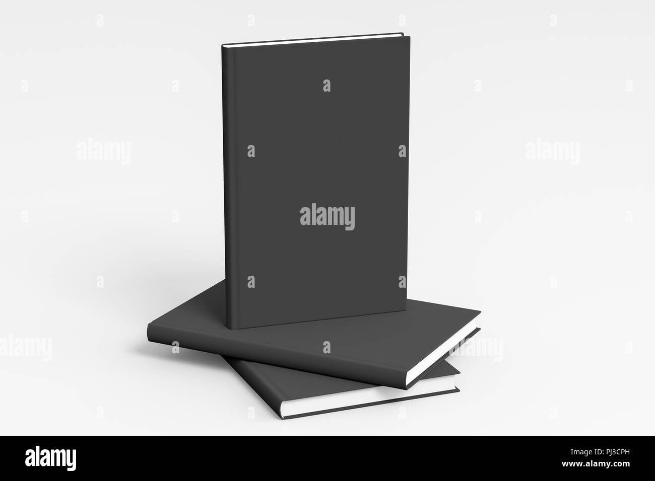 Verical black blank book cover mockup standing on stack of blank books ...