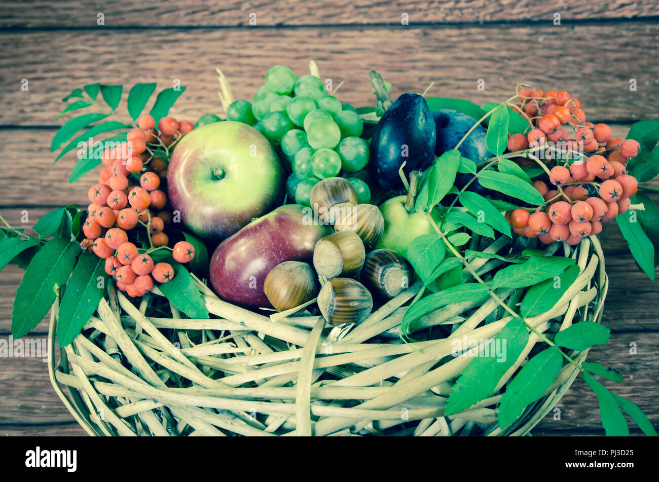 autumn seasonal fruits - red and green apples, grape, pear, hazelnut ...