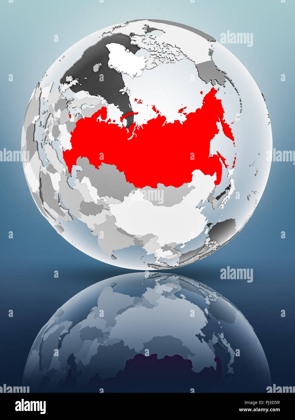 Russia on globe with translucent oceans on shiny surface. 3D ...