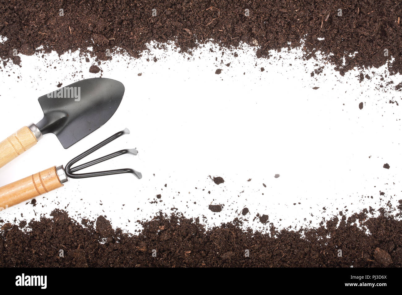 garden tools in soil isolated on white background with copy space for ...